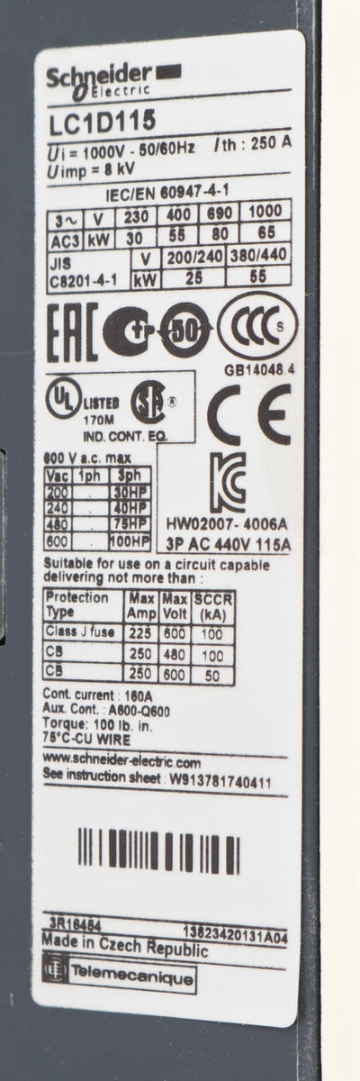 TELEMECANIQUE ­-­ LC1D115P7 ­-­ CONTACTOR 3P 230VAC COIL – Iron Wing Parts