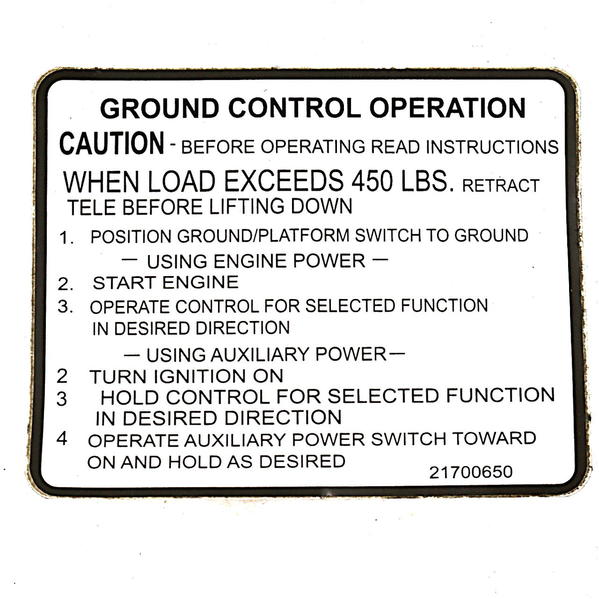 JLG ­-­ 1700650 ­-­ DECAL OPERATOR GROUND CONTROL – Iron Wing Parts